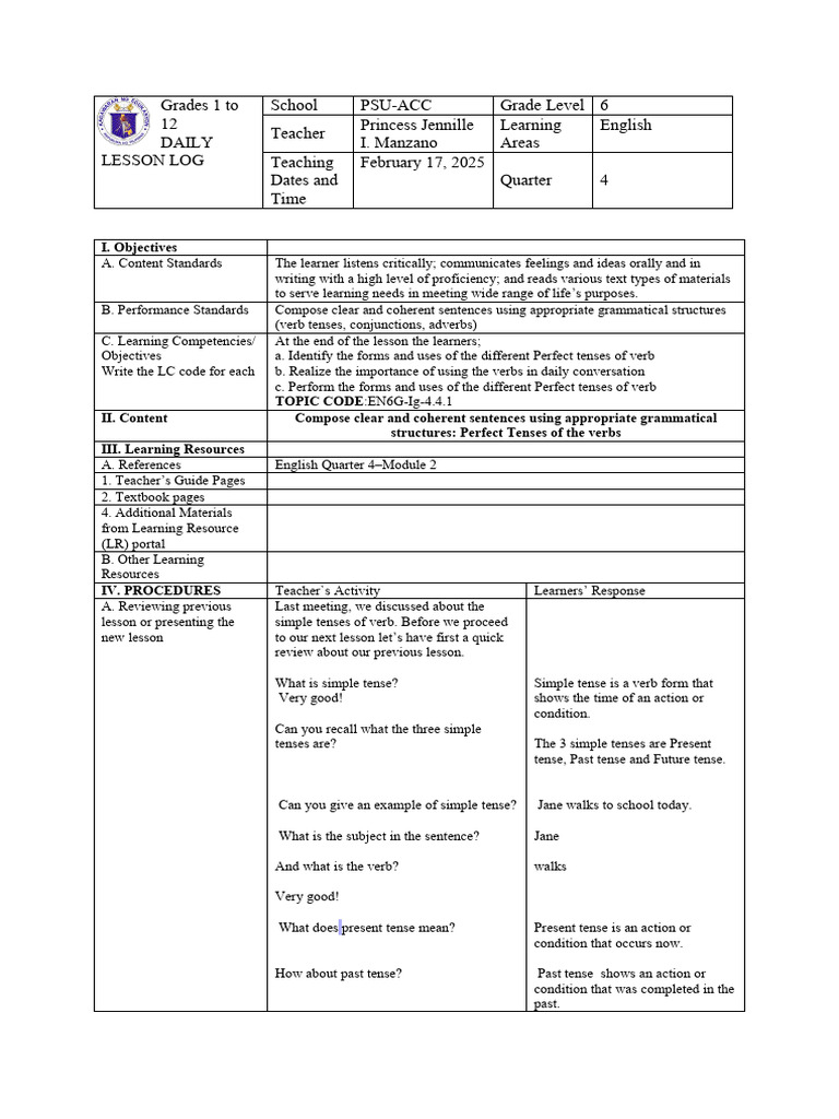 Week 4 Day 1 With Side Comments | PDF | Perfect (Grammar) | Grammatical ...