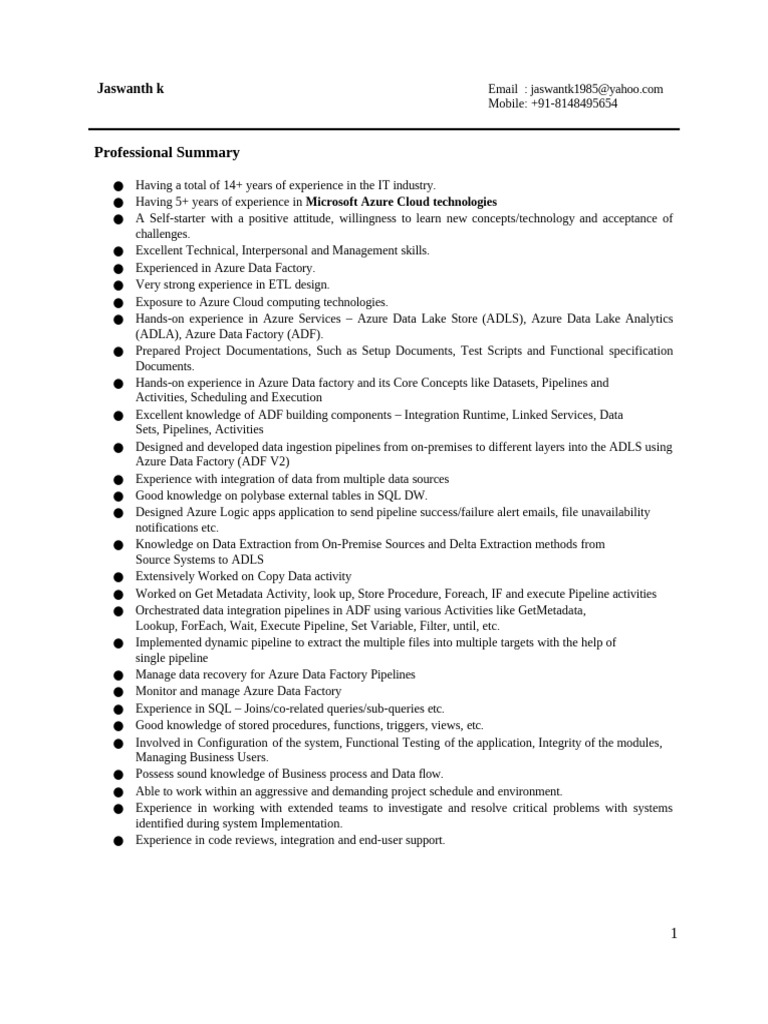Professional Summary: Jaswanth K | PDF | Microsoft Azure | Databases