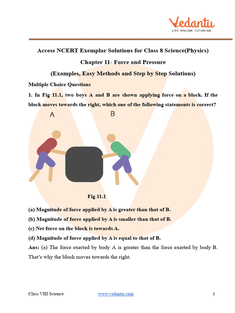 NCERT Exemplar Class 8 Science Solutions Chapter 11 Force | PDF | Force | Pressure