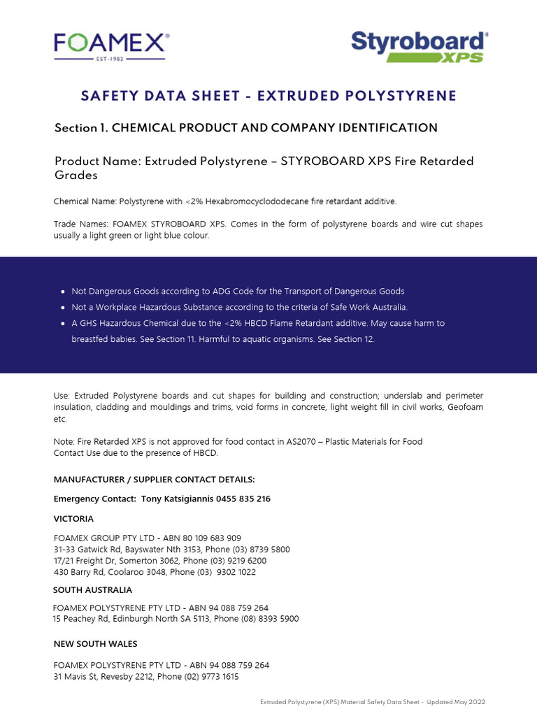 Safety Data Sheet for Styroboard XPS | PDF | Polystyrene | Toxicity