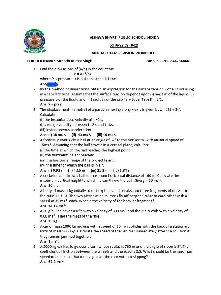 CL 11 Revision Worksheet 2024-25 | PDF | Surface Tension | Mass