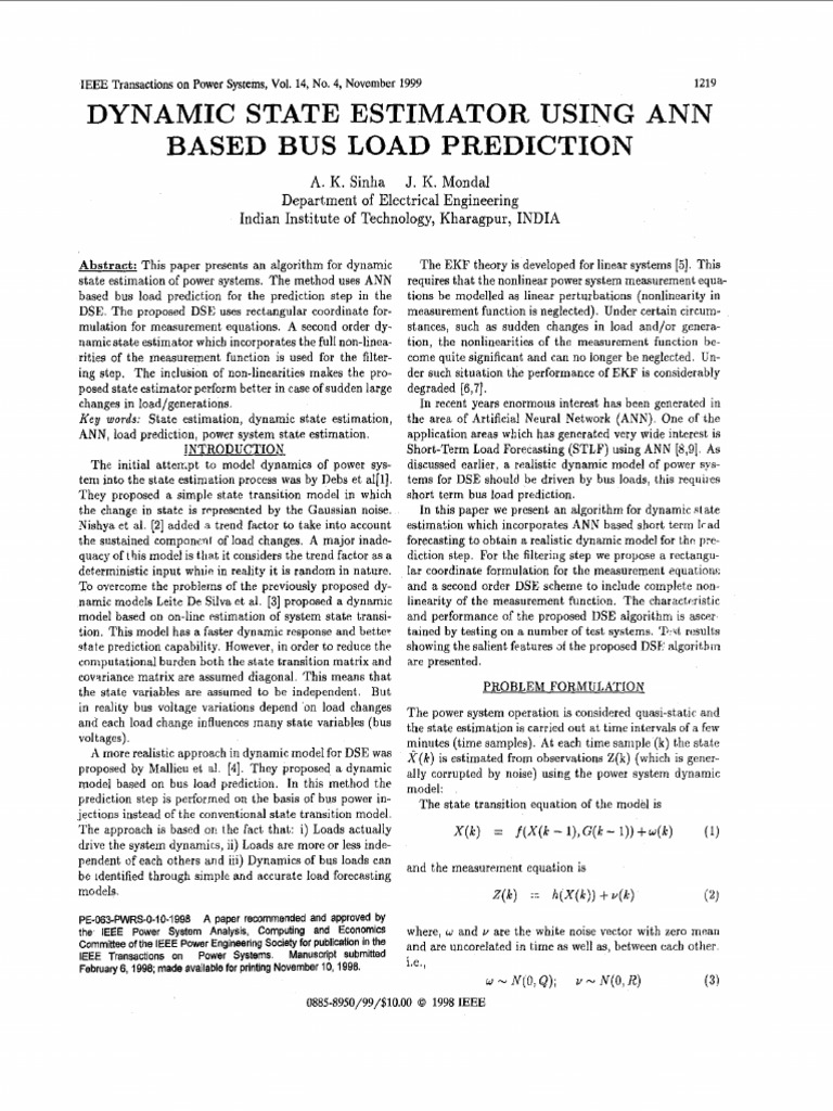 Dynamic State Estimator Using Ann Based Bus Load Prediction Pdf Applied Mathematics