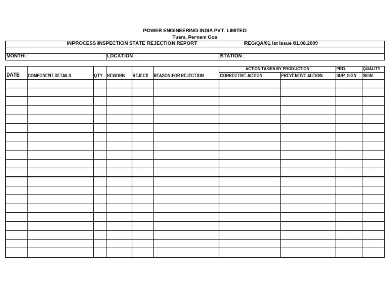 22 in Process - Rejection - Register - REG QA 01 | PDF
