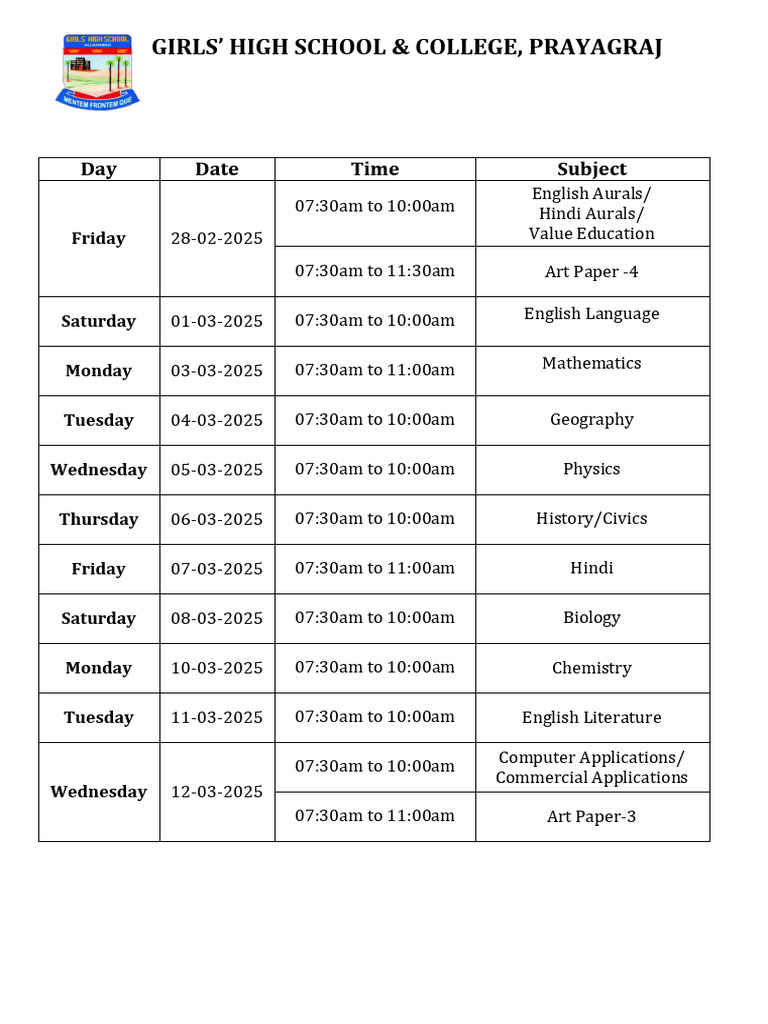 Final Examination Time Table Class IX 2024 25 | PDF