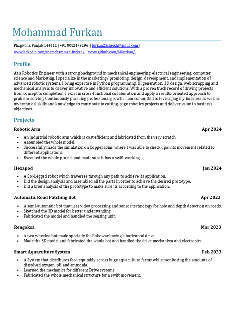 Furkan Specialised CV | PDF | Robotics | Internet Of Things