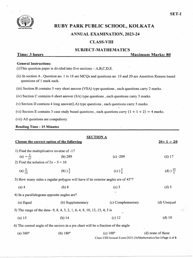 CL VIII Annual Examination Mathematics 2023 24 Set 1 | PDF
