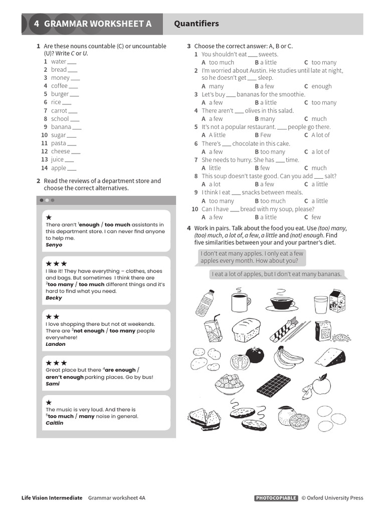 Life Vision Int Gram Worksheet A U4 | PDF | Foods | Cuisine