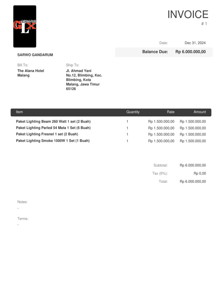 Invoice for Alana Hotel Lighting | PDF