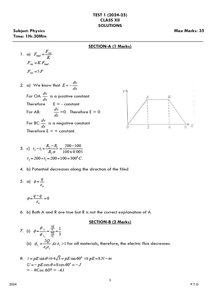 Xii Physics Test 1 Solution Paper | PDF | Electrical Resistivity And ...