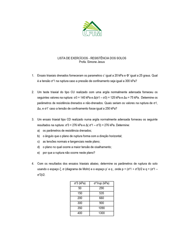 LISTA3 Mecsolos2 RESISTENCIA | PDF | Estresse (Mecânica) | Engenharia Mecânica