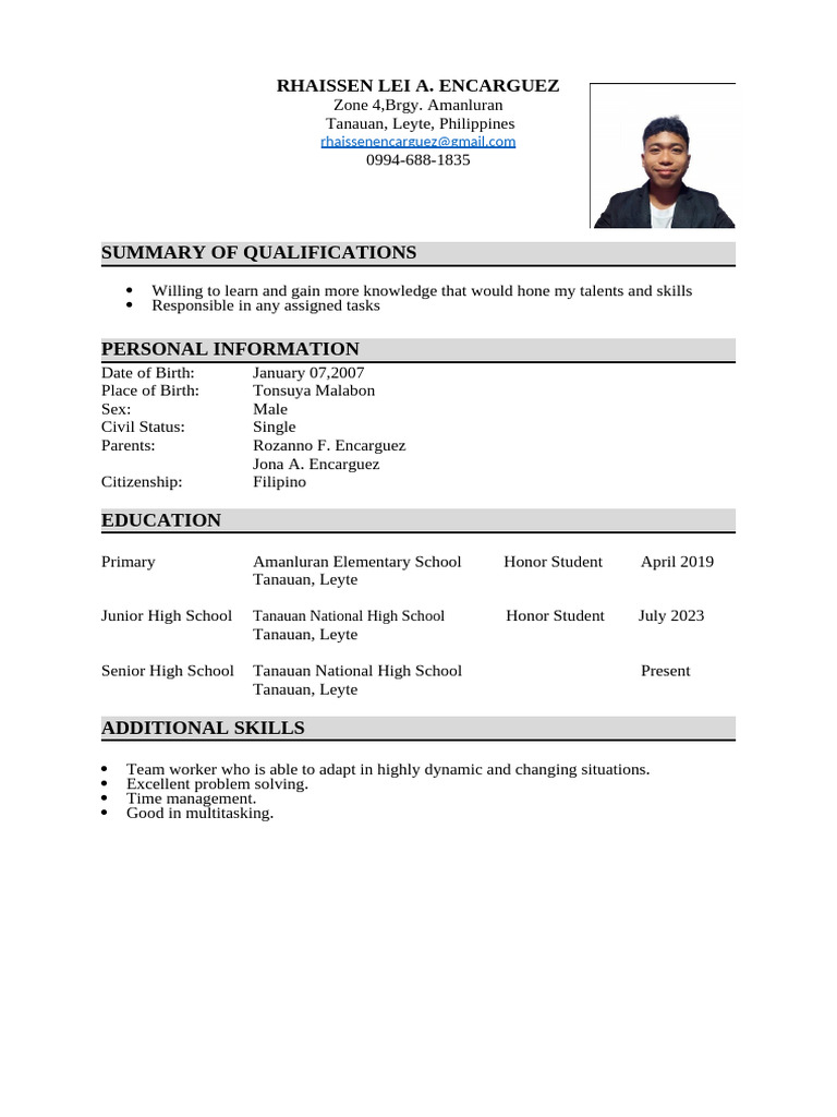 Resume of Rhaissen Lei A. Encarguez | PDF | Teachers | Learning