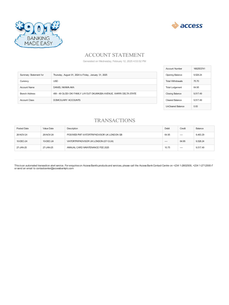 Access Bank Domiciliary Account Statement | PDF
