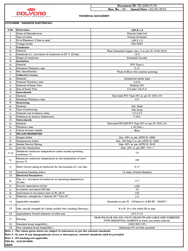 TDS 1 50 SQMM X 10 Pair Overall Shielded Armd Instrumentation Frls Cable | PDF | Electrical ...