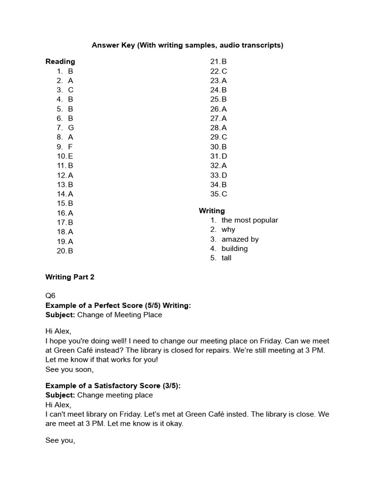 Answer Key for Reading and Writing Tests | PDF