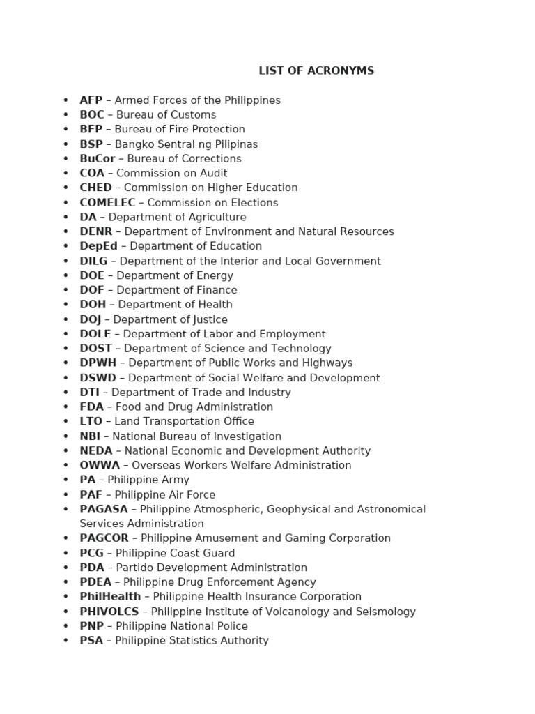 Philippine Government Acronyms List | PDF | Philippines | Economy Of ...