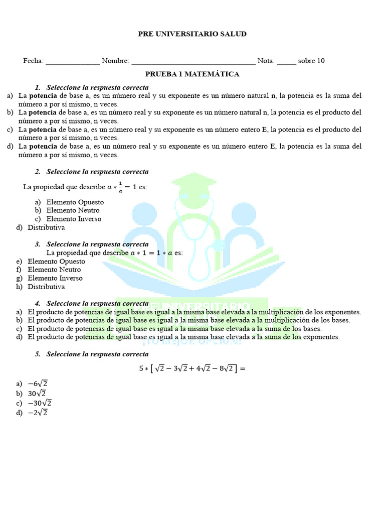 Prueba 1 Matemática | PDF | Exponenciación | Multiplicación