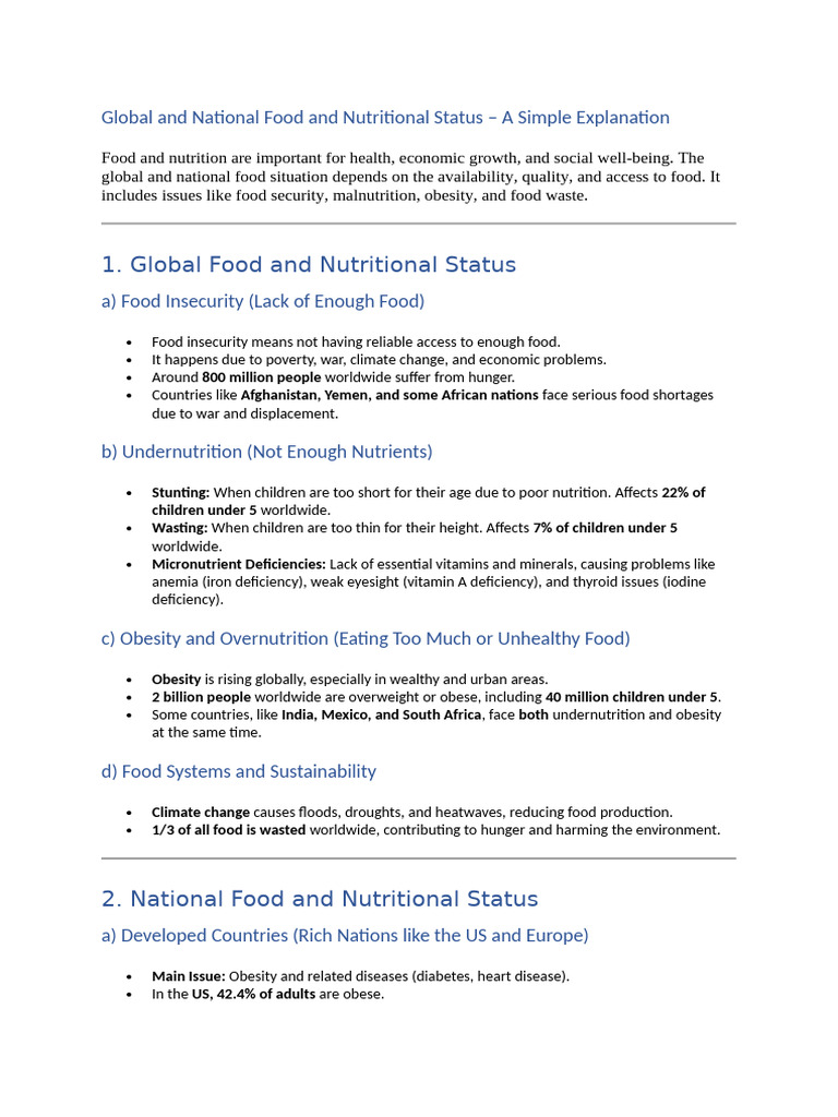 The Global and National Food and Nutritional Status | PDF | Malnutrition | Food Security