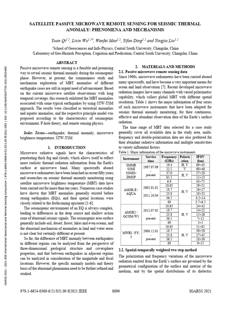 Satellite Passive Microwave Remote Sensing For Seismic Thermal Anomaly Phenomena Pdf Remote