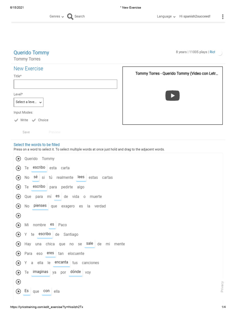 Ejercicio de Letras: Querido Tommy | PDF | Grabación de sonido | Música ...