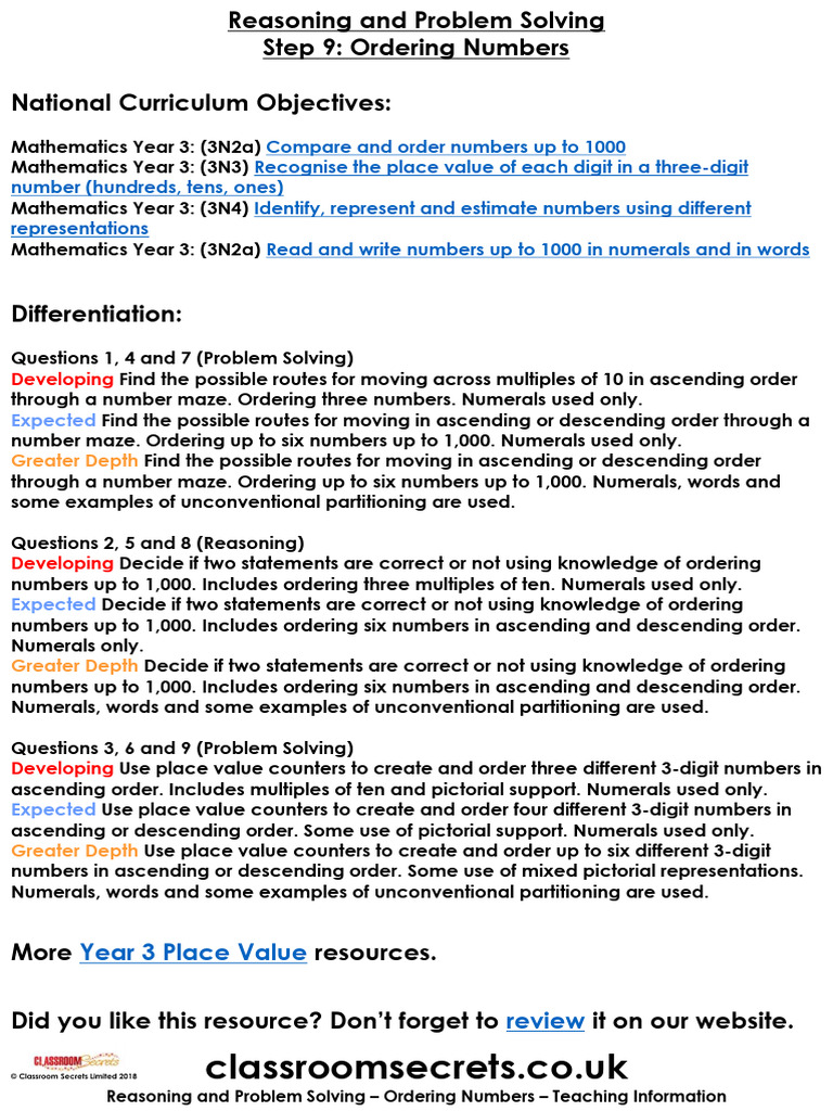 Year 3 Autumn Block 1 Step 9 Rps Ordering Numbers Pdf Mathematics
