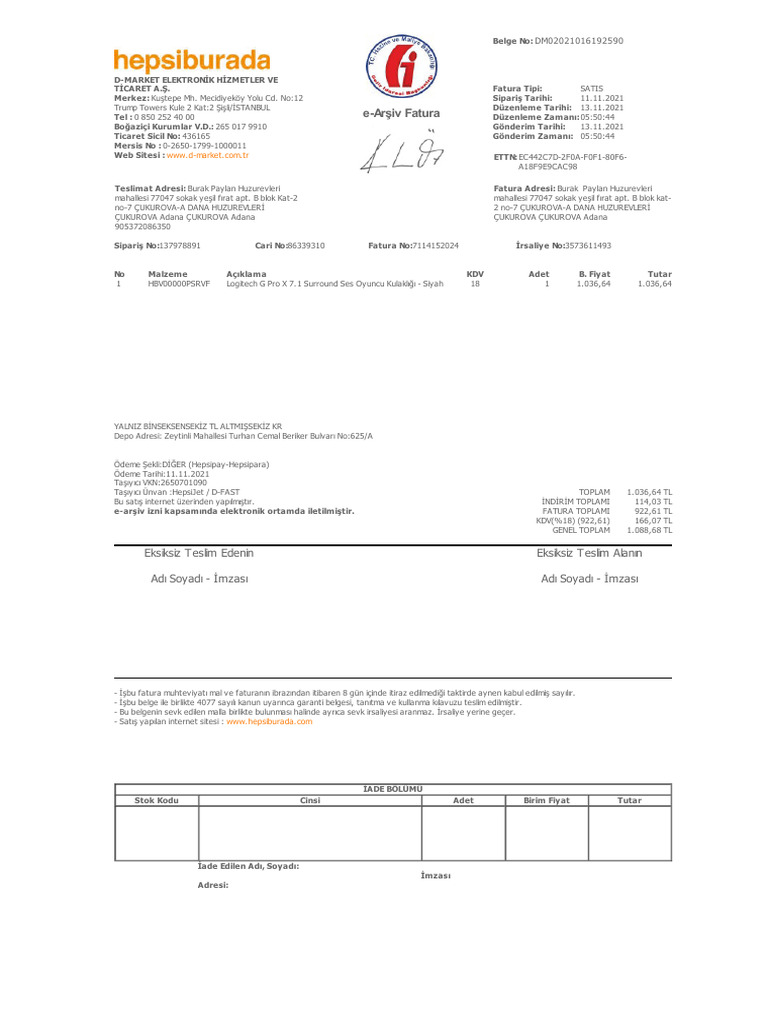 Logitech Kulakl%C4%B1k Fatura | PDF