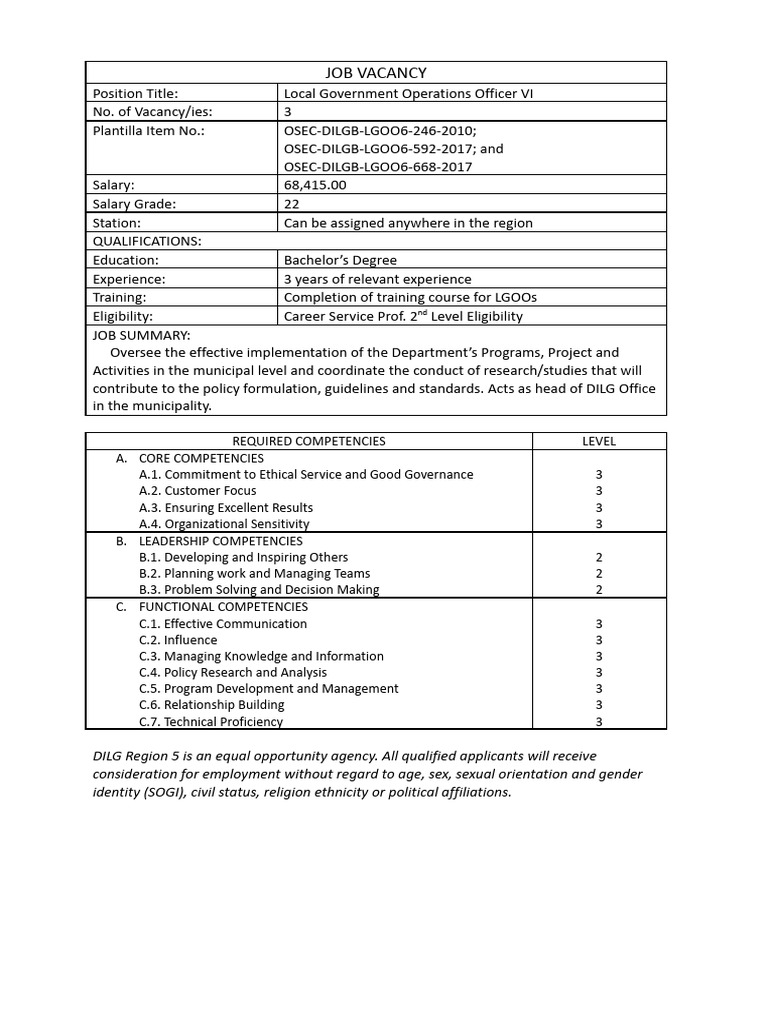 Local Government Operations Officer VI Job Opening | PDF | Social ...