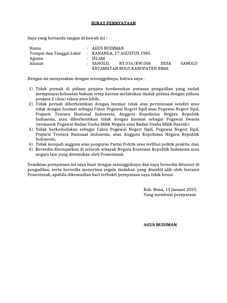 Surat Pernyataan Agus Budiman 2025 | PDF