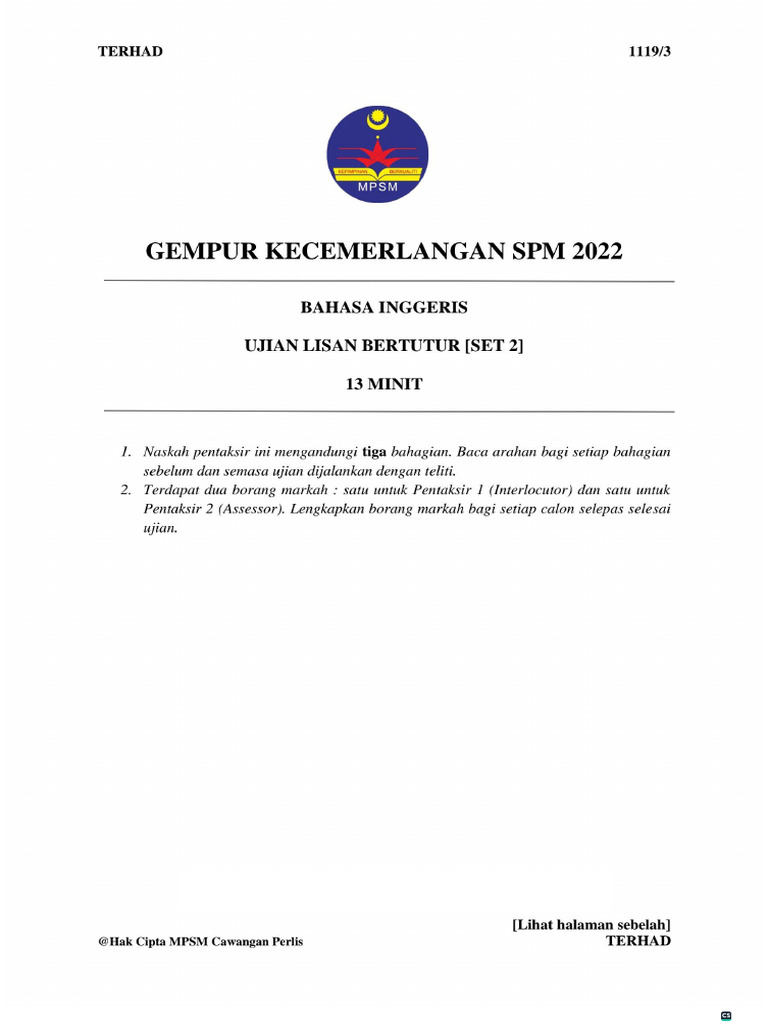 2022 Perlis - MPSM English K3 Set - 2 | PDF