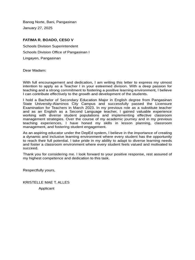 Letter of Intent Teacher I | PDF