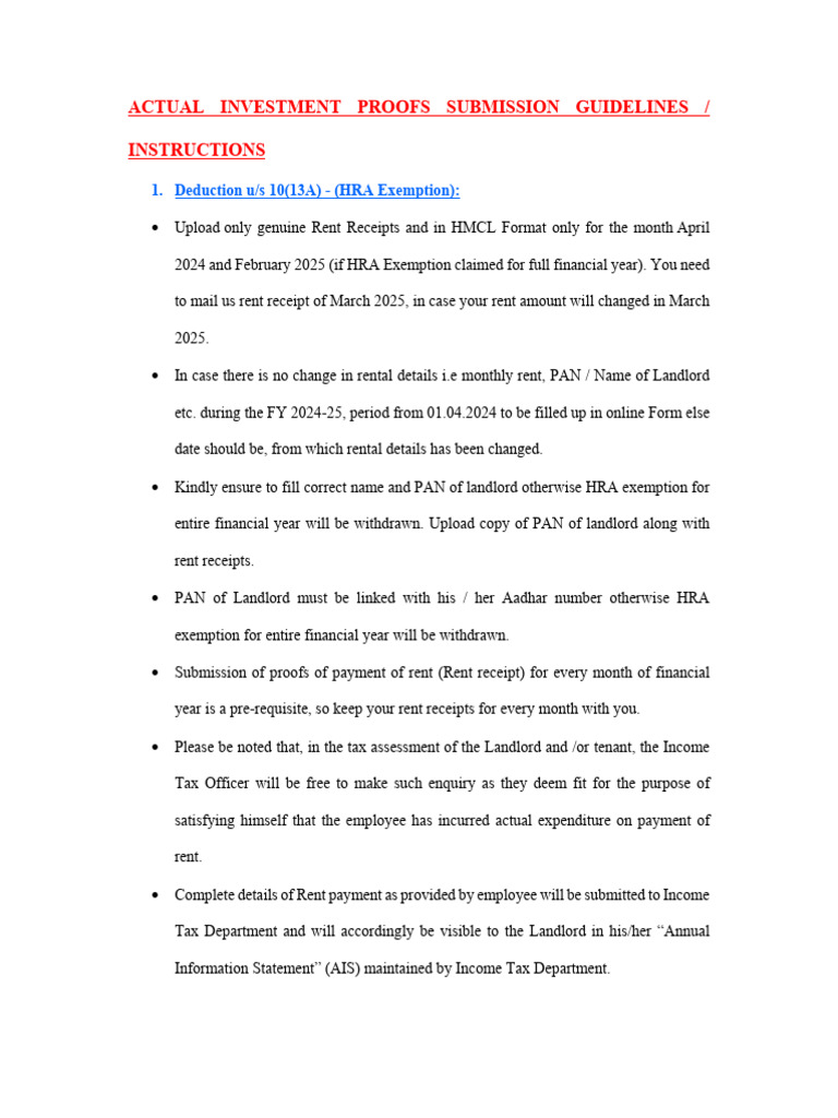 Guidelines - Actual Proofs Submission - 2024-25 | PDF | Tax Deduction ...