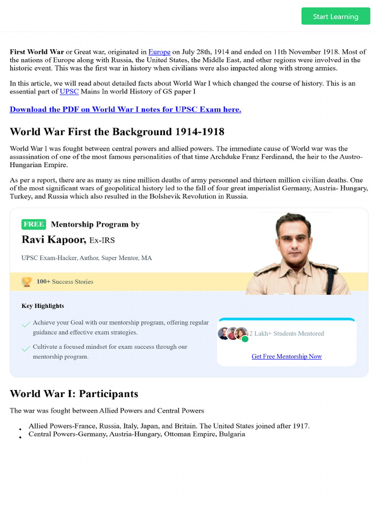 First World War of 1914-1918. Detailed History Notes For UPSC | PDF
