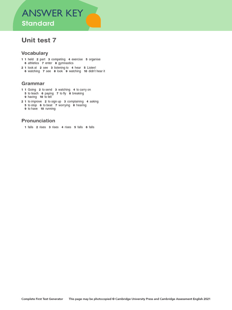 Complete First Unit Test 7 Answer Key Standard | PDF