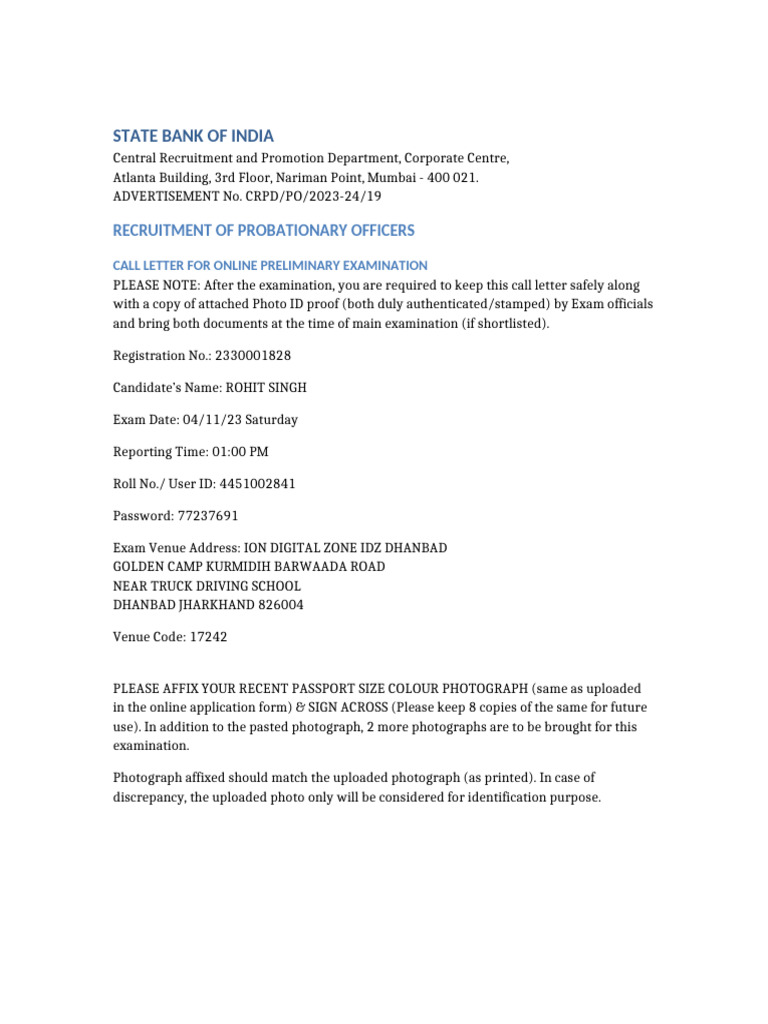 SBI PO Preliminary Exam Call Letter | PDF