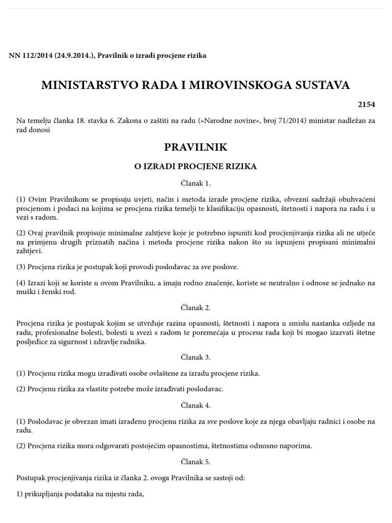 Pravlnik o izradi procjene rizika | PDF