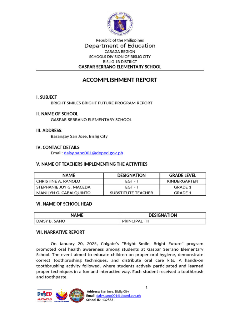 Gses BSBF ACCOMPLISHMENT REPORT | PDF | Oral Hygiene | Dentistry Branches