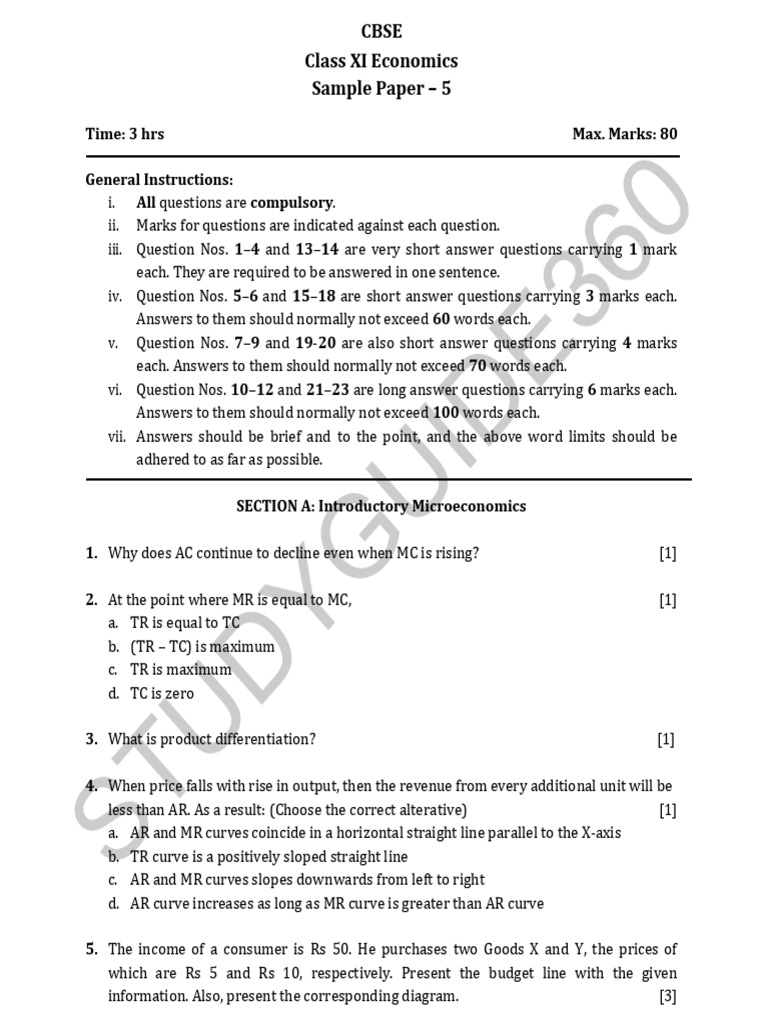 Class 11 Economics Sample Paper | PDF | Demand | Economics