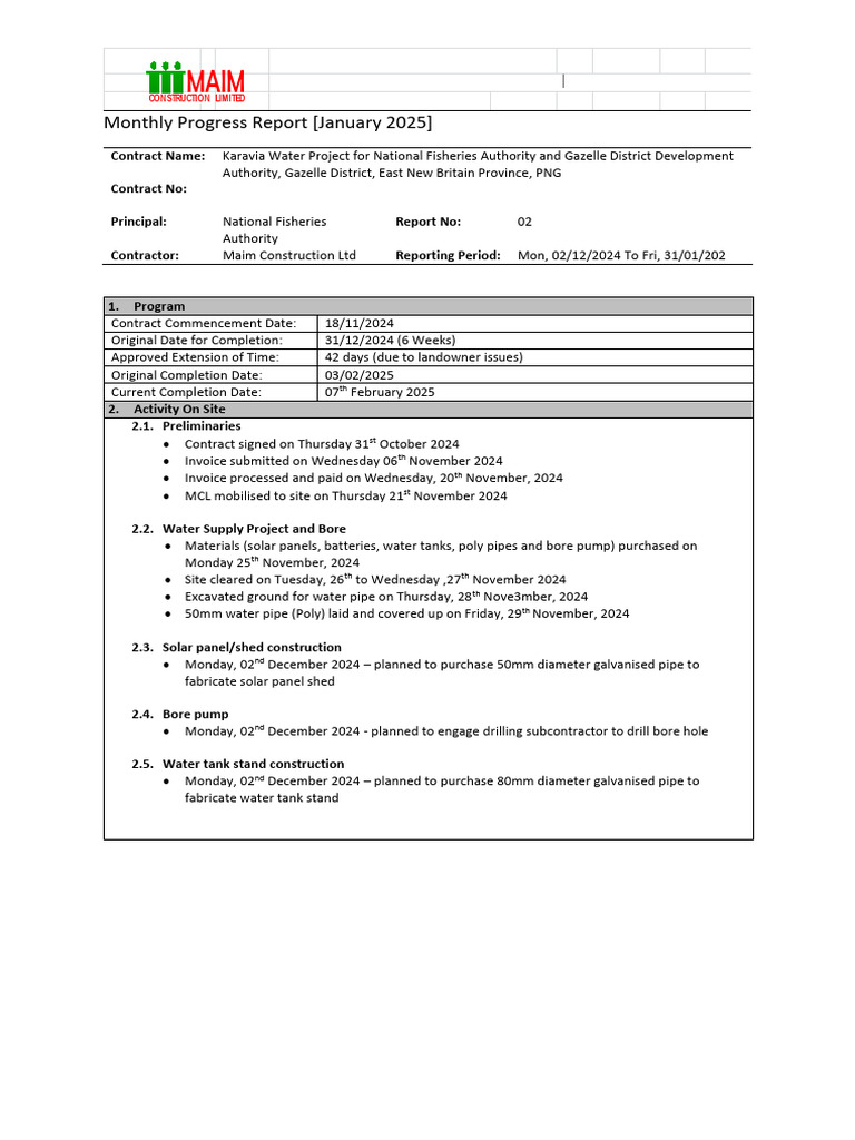 Karavia Water Project Progress Report | PDF