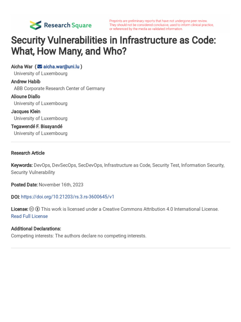 Security Vulnerabilities in Infrastructure As Code | PDF | Version Control | Computer Security