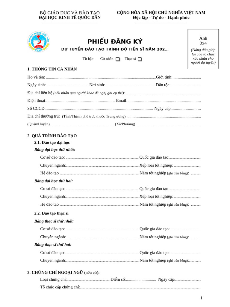 M1 - Phieu Dang Ky Du Tuyen NEU | PDF