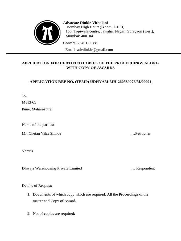 Application of Certified Copy MSME-2 | PDF