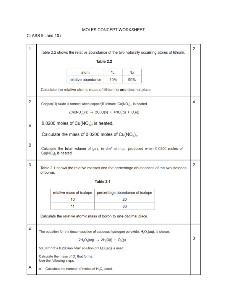 Moles Concept Worksheet for Ratios | PDF