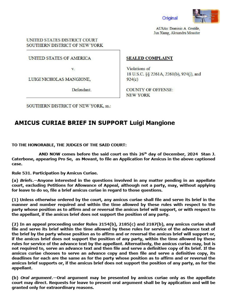 Amicus Curiae Brief in Support Luigi Mangione: Briefs | PDF
