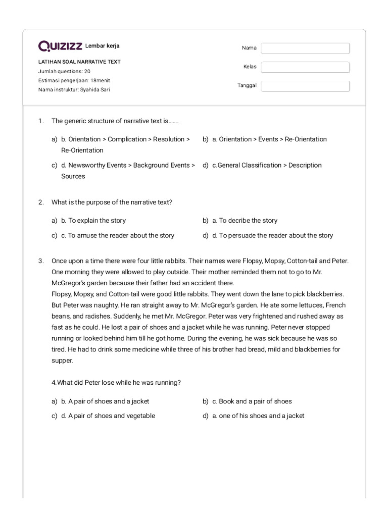 LATIHAN SOAL NARRATIVE TEXT - Quizizz | PDF | Peter Rabbit