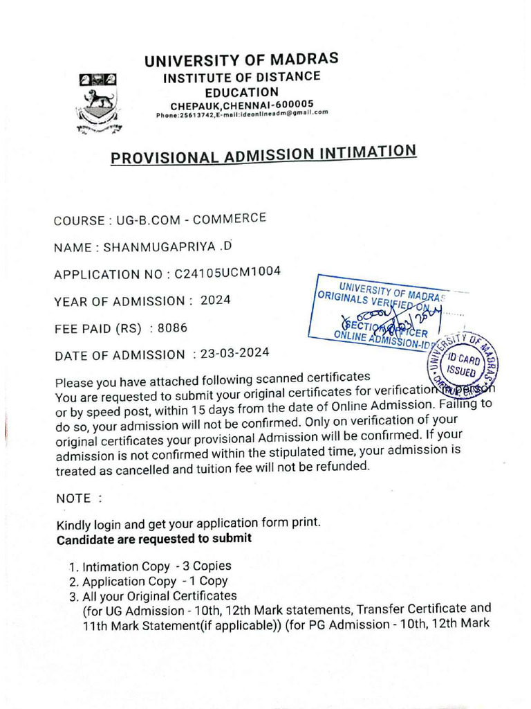 Provisional Admission Intimation | PDF