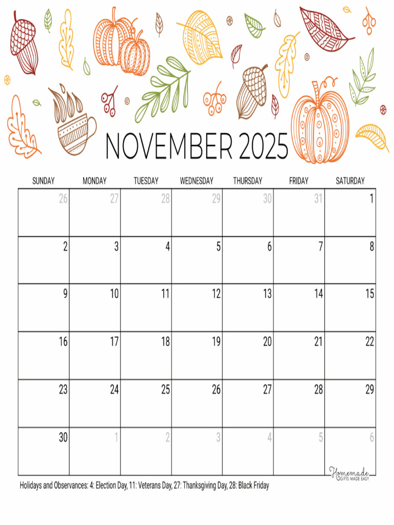 November Calendar 2025 Printable Fall Landscape | PDF