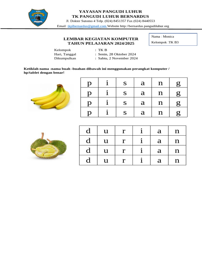 Tugas Monica Mengetik Nama Buah - Buahan TK B | PDF