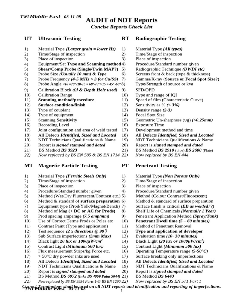 NDT Report Check List Updated 2008 | PDF | Nondestructive Testing ...