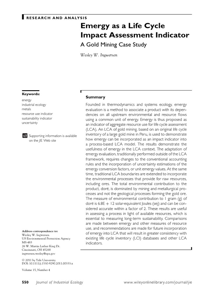Emergy As A Life Cycle Impact Assessment Indicator A Gold Mining Case ...