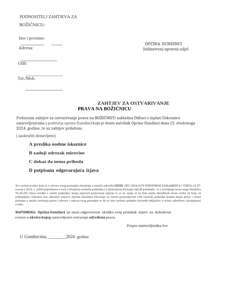 ZAHTJEV UMIROVLJENICI | PDF