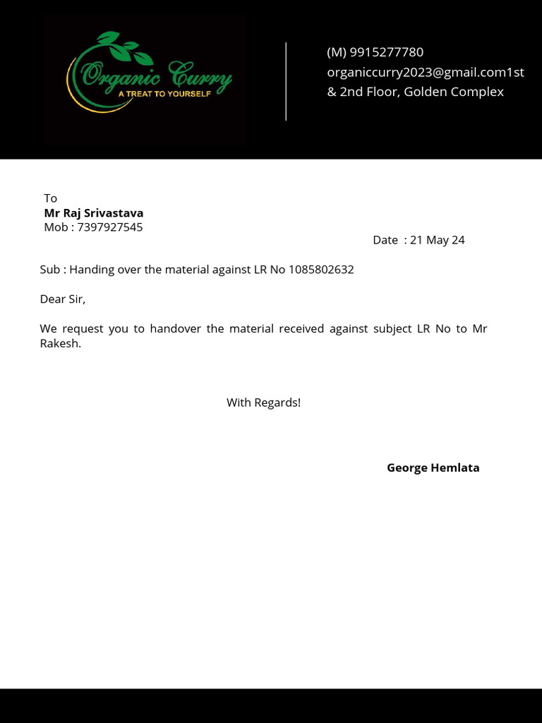 Material Handover Request for LR 1085802632 | PDF